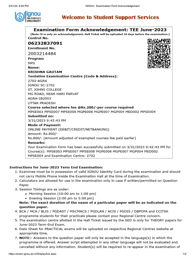 IGNOU__ Examination Form Acknowledgement | PDF
