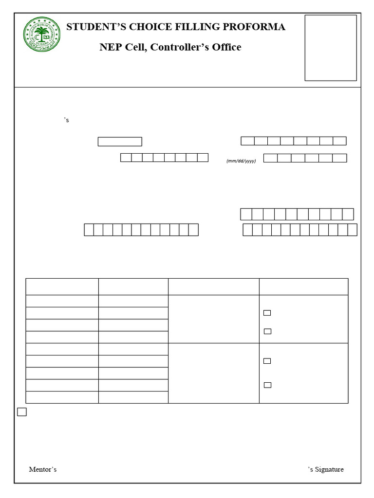 NEP Cell, Controller's Office: Student'S Choice Filling Proforma | PDF