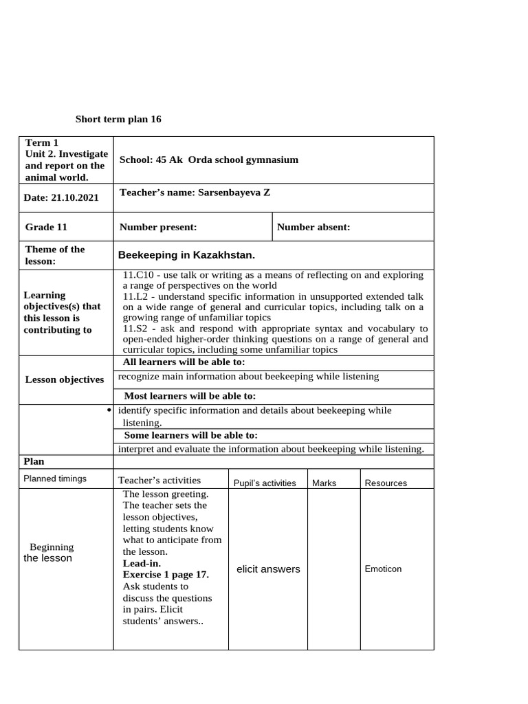 The Lesson Elicit Answers: Planned Timings Pupil's Activities Marks ...