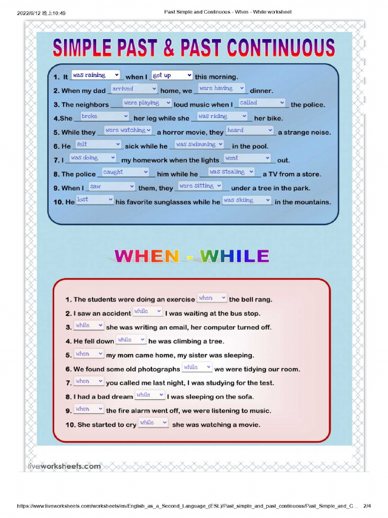 Past Simple and Continuous - When - While worksheet | PDF