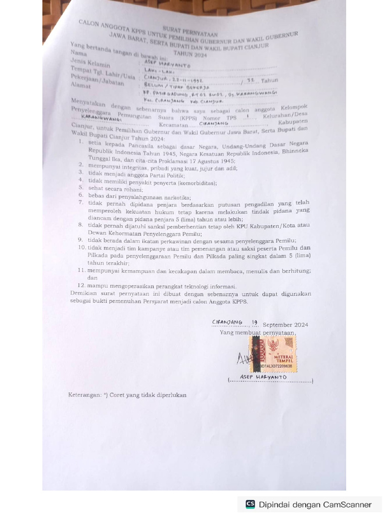 Surat Pernyataan Asep | PDF