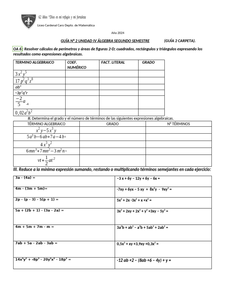 Guía N 1 U-4 8° Álgebra 2024 | PDF