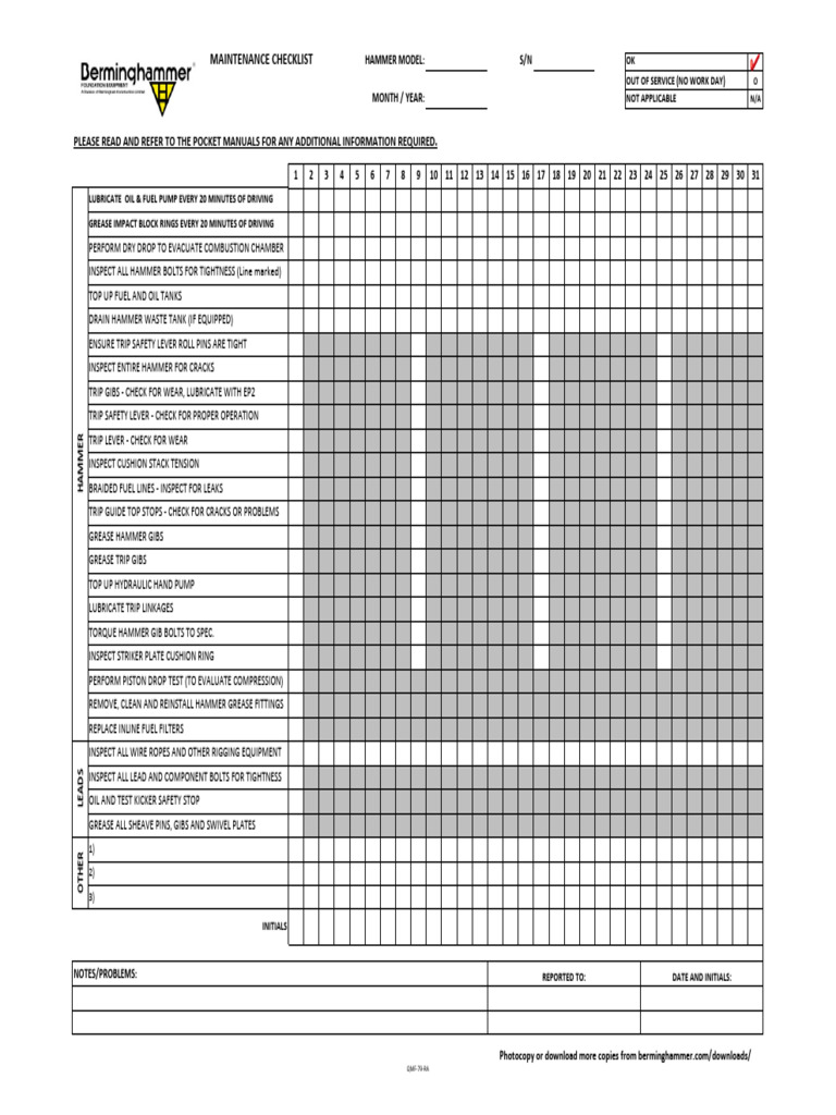 QMF-79-RC Hammer Maintenance Checklists | PDF | Diesel Engine | Manufactured Goods