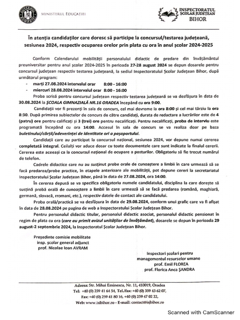 Anunt Concurs Judetean Si Plata Cu Ora 2024 | PDF