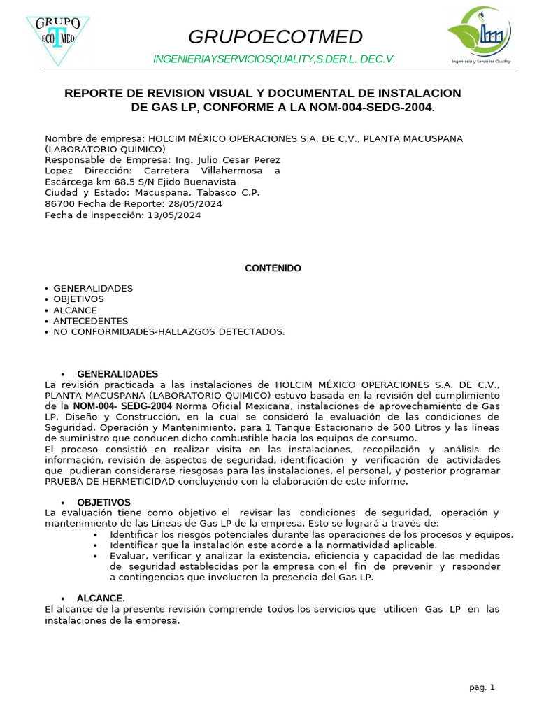 Reporte De Hallazgos En Instalacion De Gas Lp Holcim Laboratorio