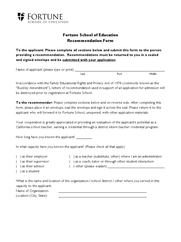 FSE Recommendation Form | PDF | Graduate School | Teachers