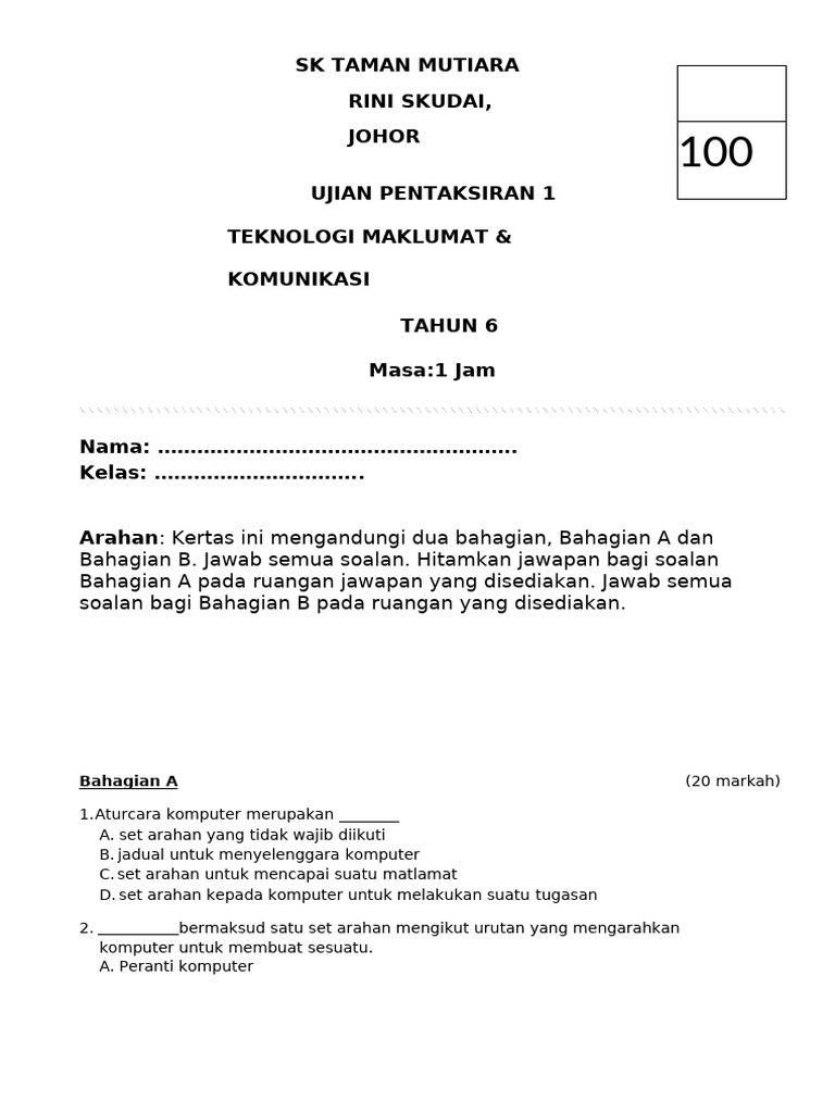 Ujian Akhir Tahun Kssr Tahun 6 Tmk Set3 Pdf