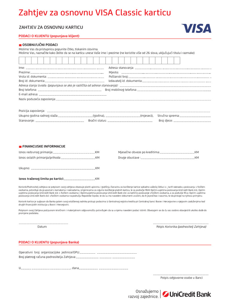 Zahtjev Za Osnovnu Visa Classic Karticu | PDF