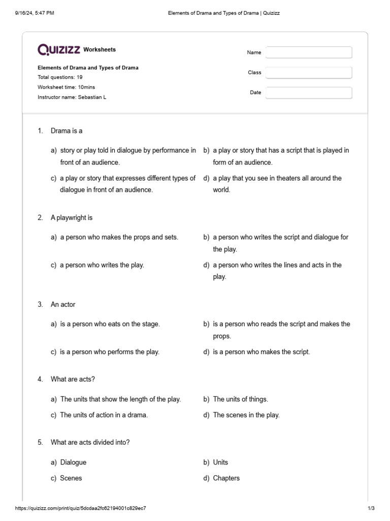 Elements of Drama and Types of Drama - Quizizz | PDF