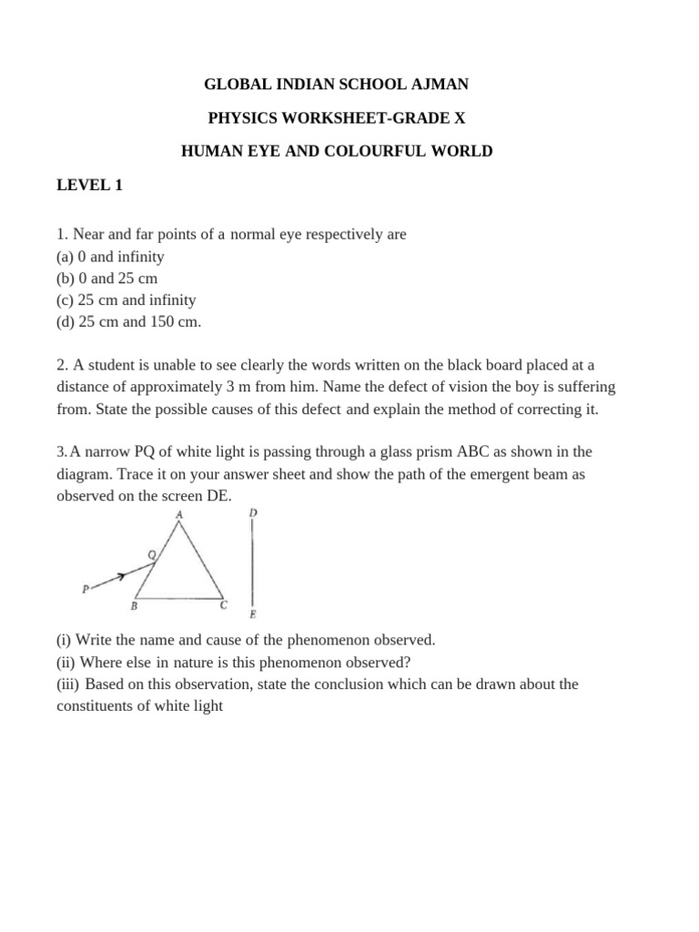 Level Wise Worksheet - Grade 10 Human Eye | PDF