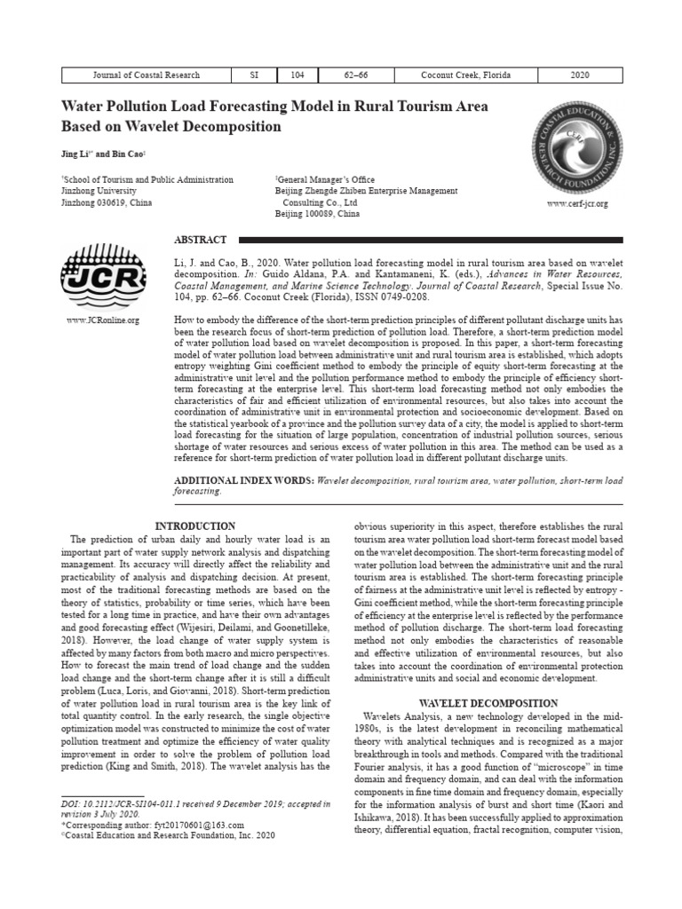 Water Pollution Load Forecasting Model In Rural Tourism Area Based On Wavelet Decomposition Pdf