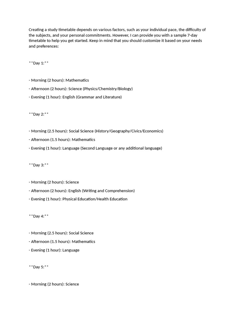 Creating A Study Timetable Depends On Various Factors | PDF