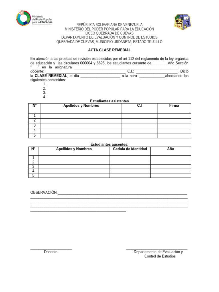 Modelo de acta de clase remedial | PDF