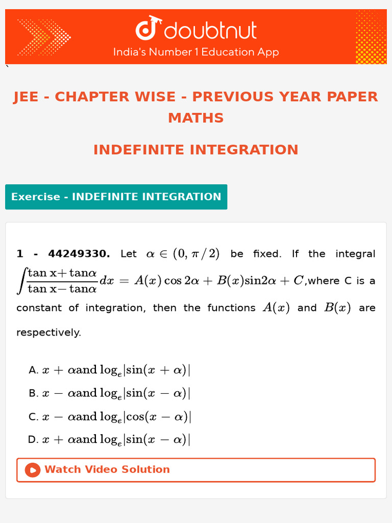 Jee Chapter Wise Previous Year Paper Class 12 Maths Indefinite Integration Doubtnut English ...