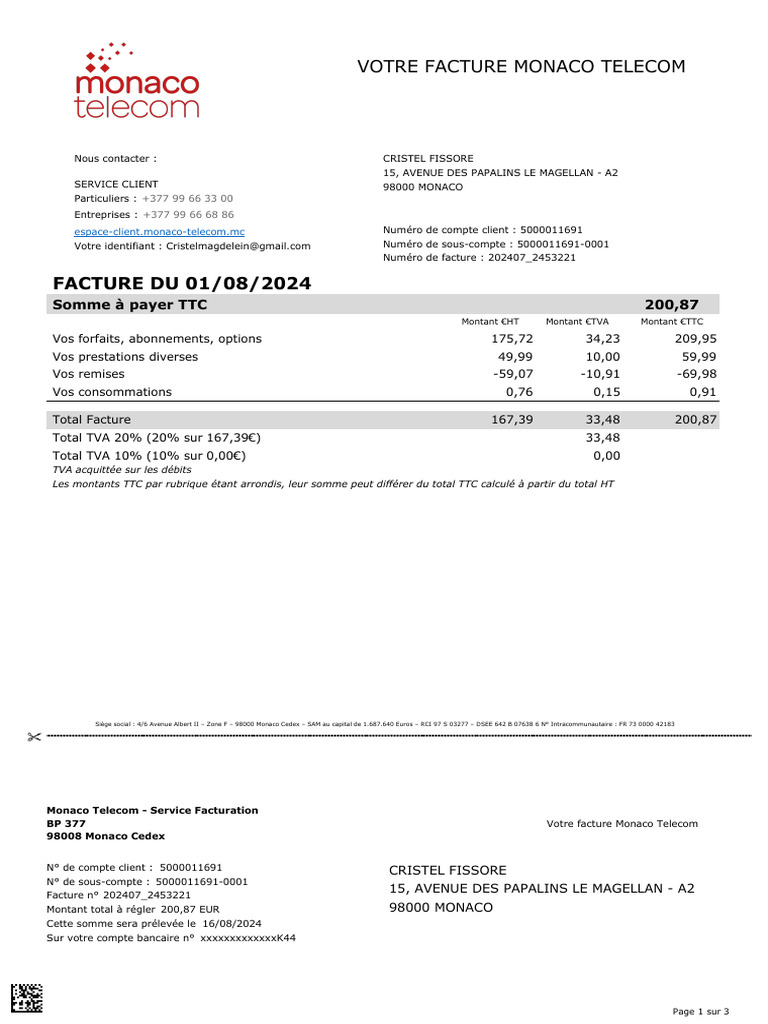 FACTURE DU 01/08/2024: Votre Facture Monaco Telecom | PDF