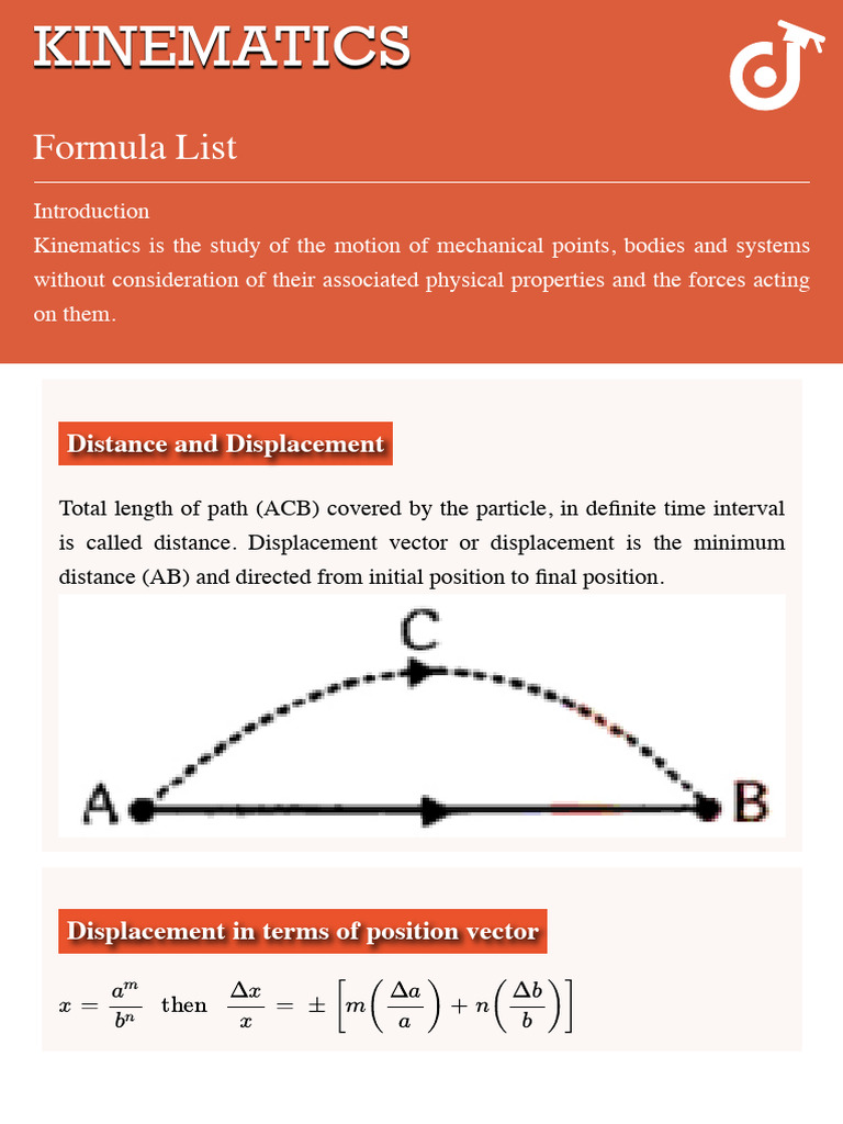 Class 11 Physics Chapter 4 Kinematics Formula List English Medium | PDF