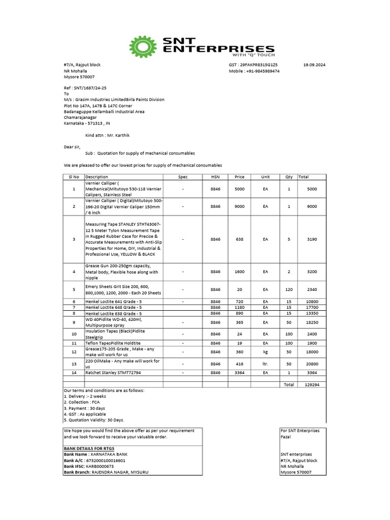 Quotation 1687 Birla Mechanical Consumables | PDF | Materials