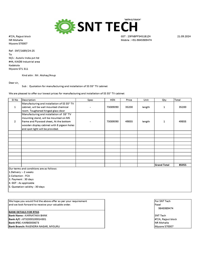 Quotation 1689 Autoliv TV SS and Wooden Cabinets | PDF | Architectural Elements