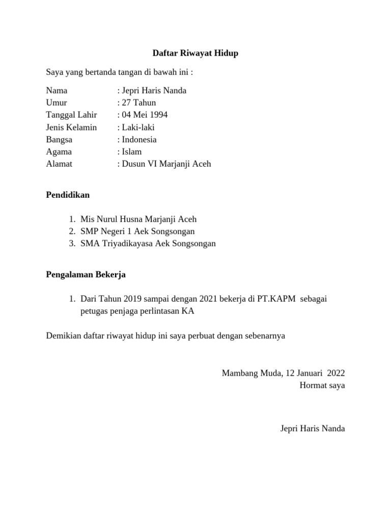 Daftar Riwayat Hidup Jepri Haris Nanda | PDF | Kesehatan Holistik