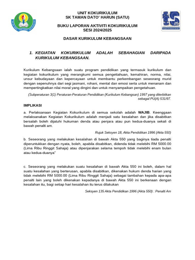 Dasar Kurikulum Kebangsaan Unit Kokurikulum | PDF