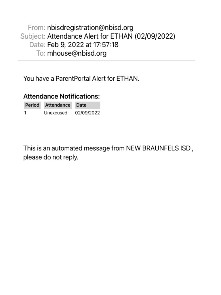 Attendance Alert For ETHAN (02092022) | PDF