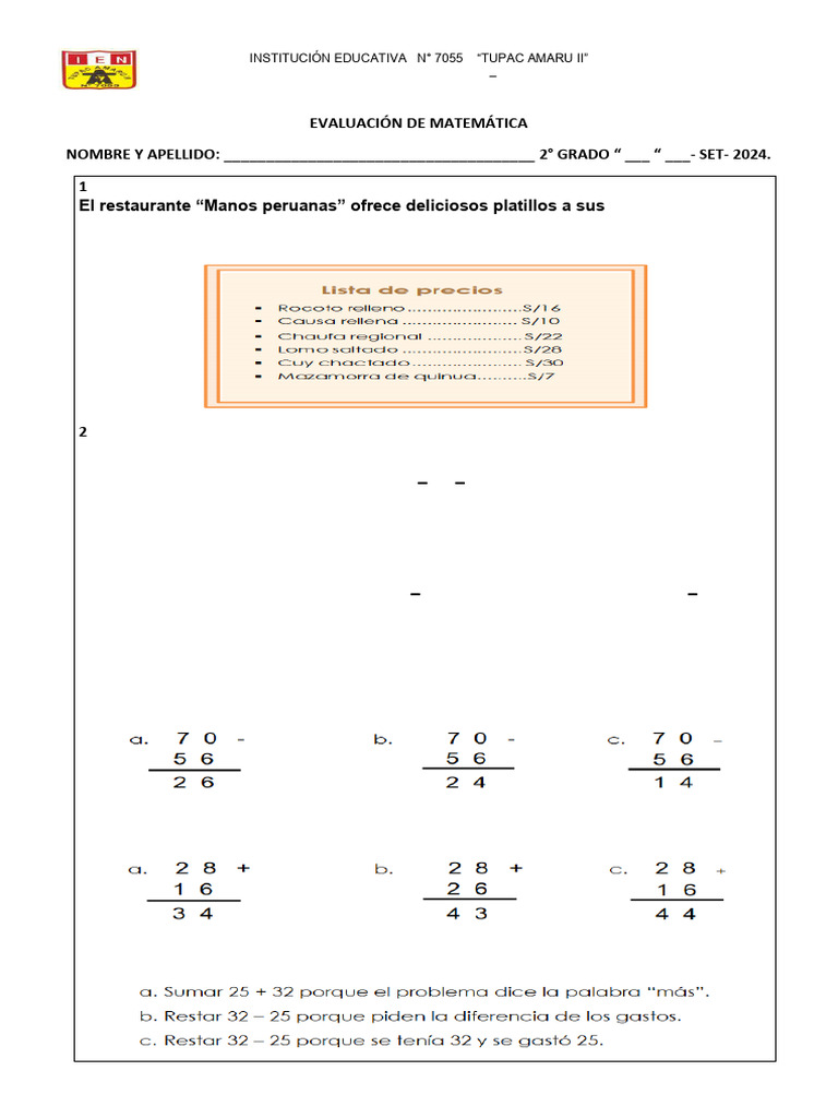 EVALUACION MATEM 2do GR SET 2024 | PDF
