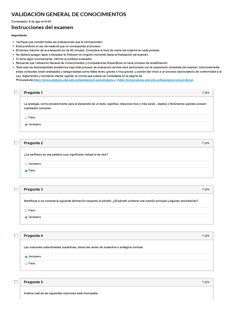 Examen - VALIDACIÓN GENERAL DE CONOCIMIENTOS ESTILO Y REDACCION | PDF