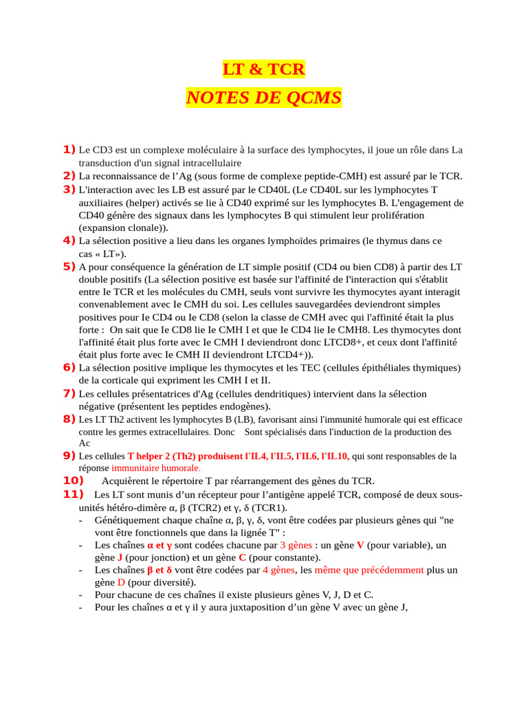 Notes de Qcms LT TCR | PDF