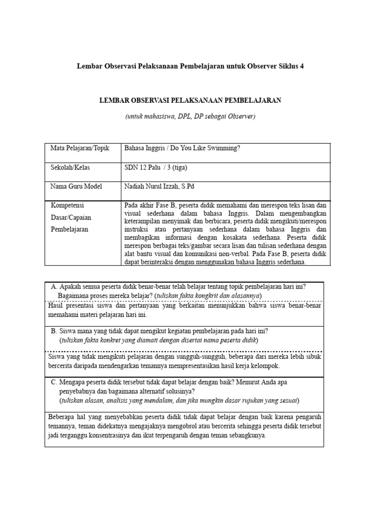 Lembar Observasi Pelaksanaan Pembelajaran Untuk Observer Siklus 4 Pdf