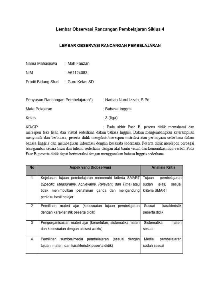 Lembar Observasi Rancangan Pembelajaran Siklus 4 | PDF