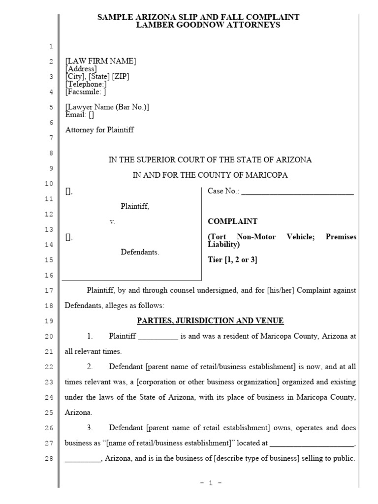 Sample Arizona Slip and Fall Complaint | PDF