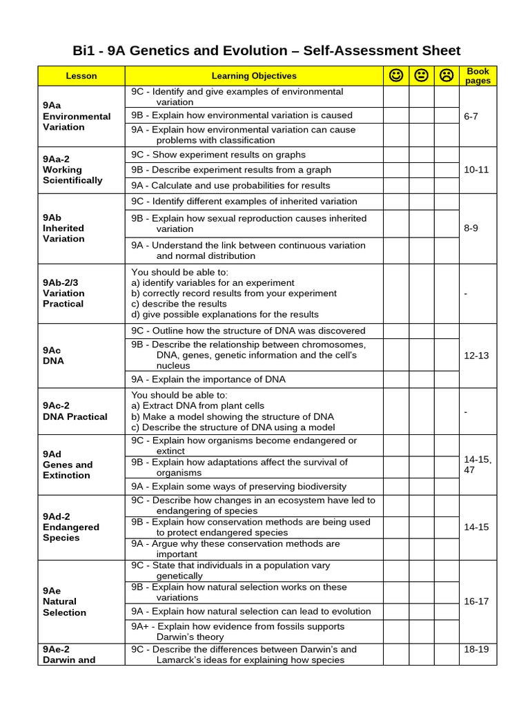 Y9 Bi1 9A Genetics and Evolution - Assessment Sheet 2023 V3 | PDF
