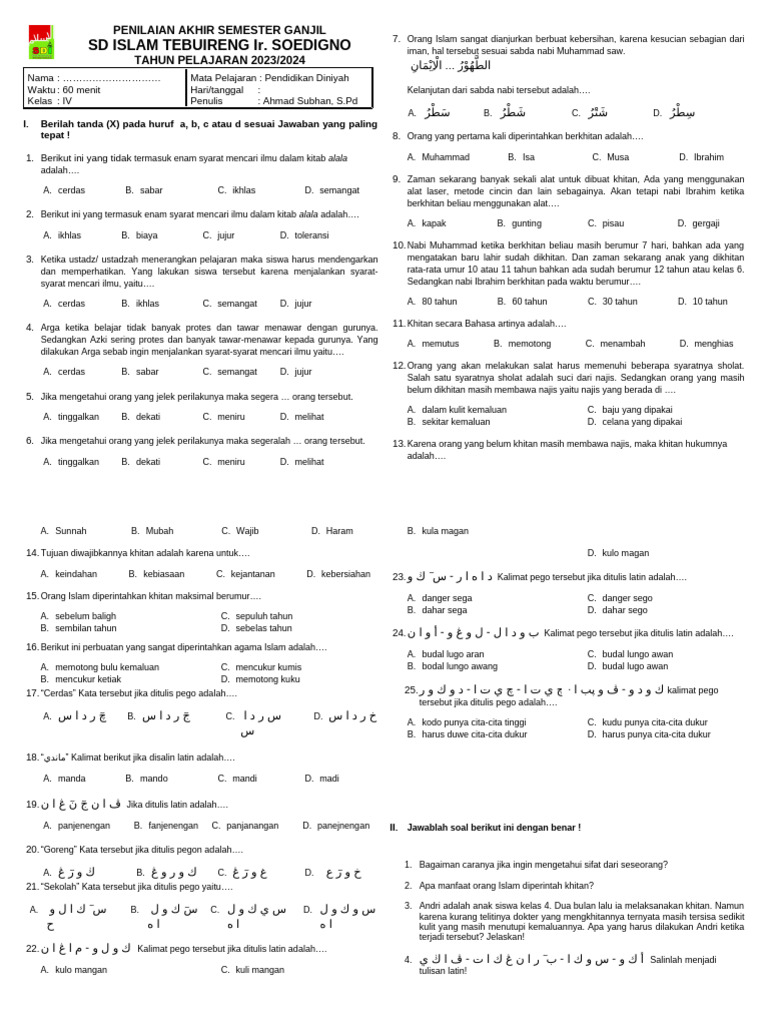 Soal Diniyah Kls 4 PTS Ganjil 2024-2025 | PDF