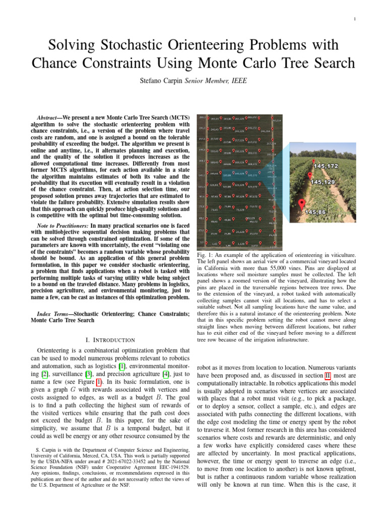 Solving Stochastic Orienteering Problems With Chance Constraints Using Monte Carlo Tree Search | PDF