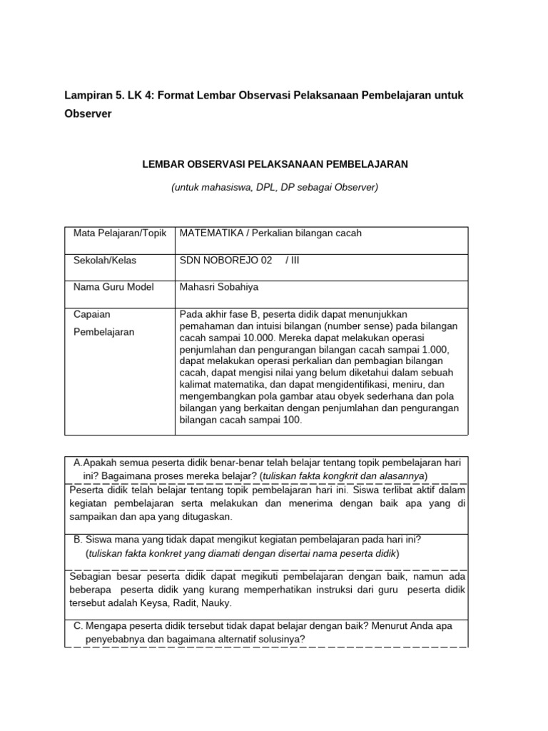 Lampiran 5. LK 4 Format Lembar Observasi Pelaksanaan Pembelajaran Untuk Observertopik 4 SIKLUS 4 ...