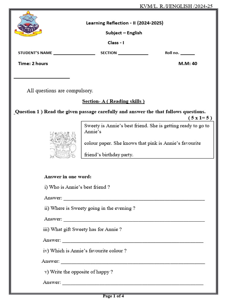 Eng Paper Class 1 LR 2 | PDF