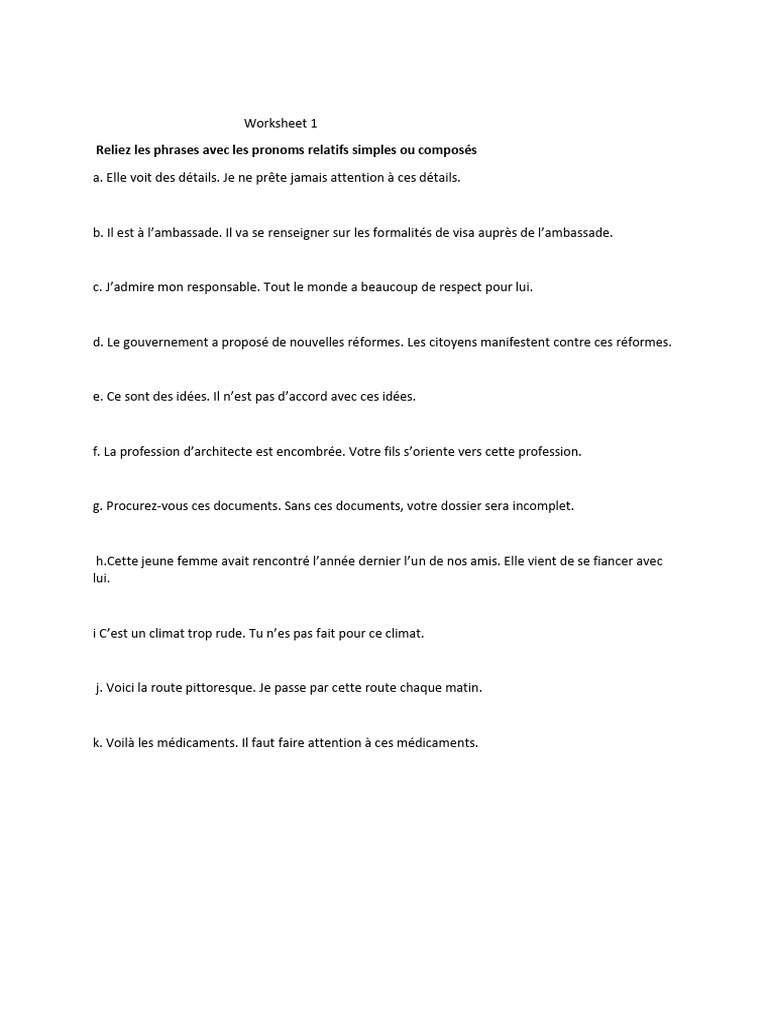 Worksheet 1 (Pronom Relatif) | PDF | Social Science