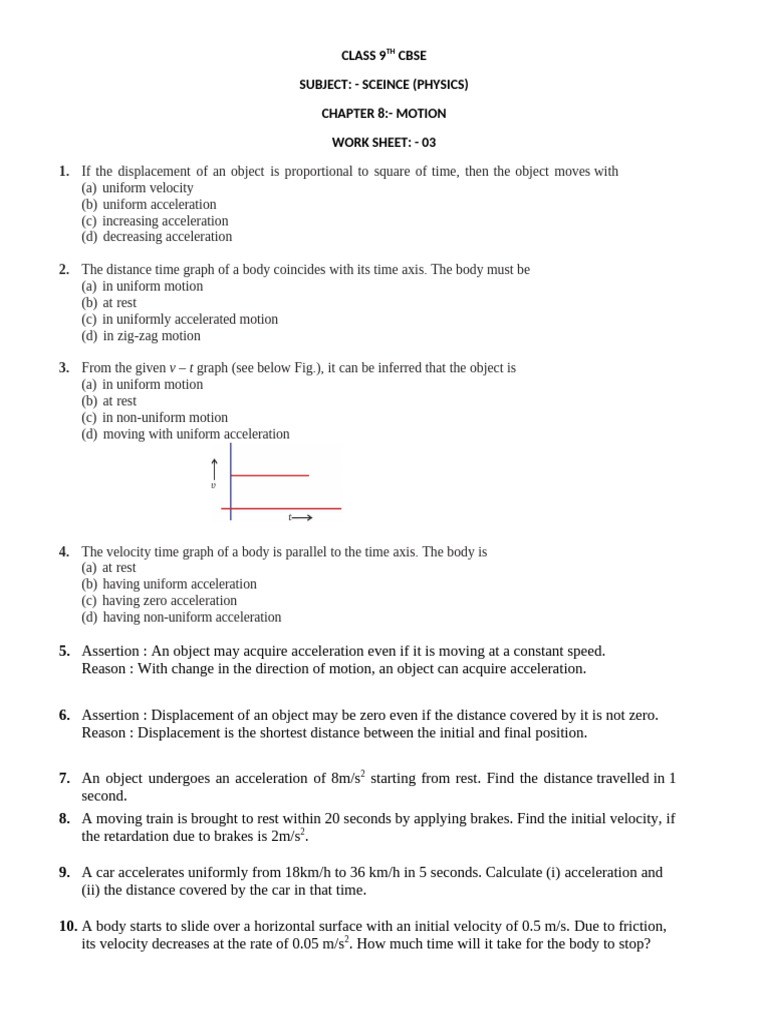 Work Sheet - 3 - (CH 8 - Motion - 9 Cbse) | PDF