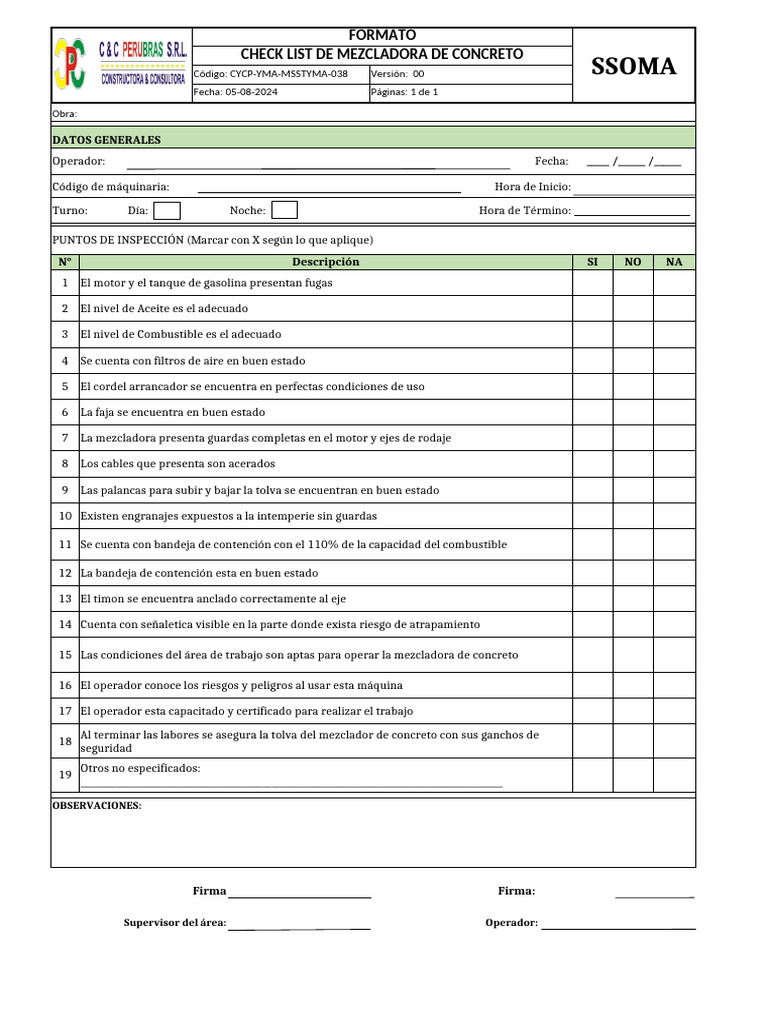 GRP-ORSYLP-SGSST-FR-35. CHECKLIST DE MEZCLADORA DE CONCRETO v.00 | PDF GRP-ORSYLP-SGSST-FR-35. CHECKLIST DE MEZCLADORA DE CONCRETO v.00 | PDF