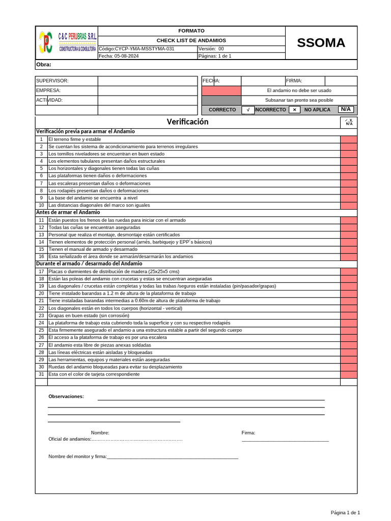GRP-ORSYLP-SGSST-FR-28. Check List de Andamios V.00 | PDF GRP-ORSYLP-SGSST-FR-28. Check List de Andamios V.00 | PDF