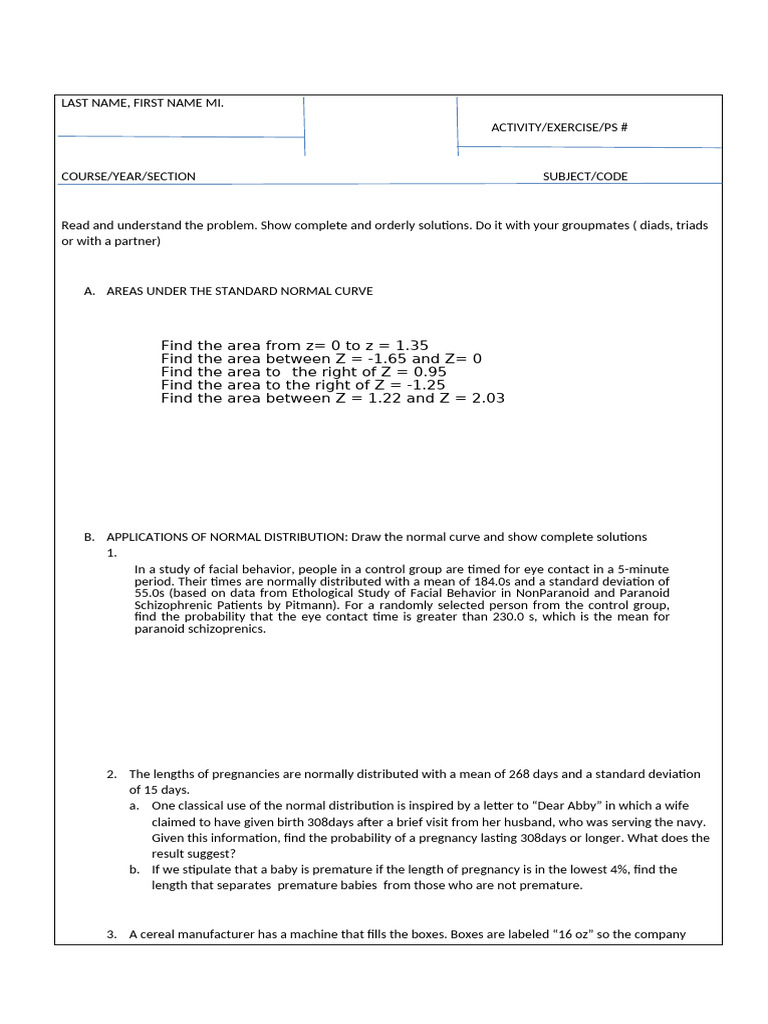 PROBLEM SET 1 NORMAL DISTRIBUTION | PDF