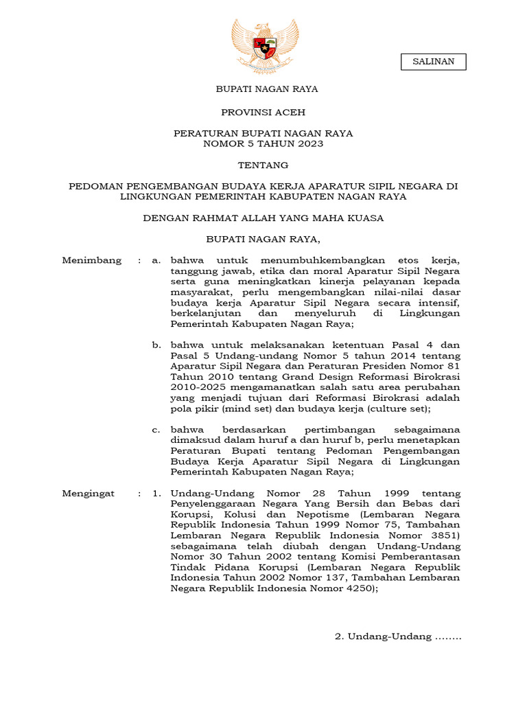 Perbub Nagan Raya Nomor 5 Tahun 2023 | PDF