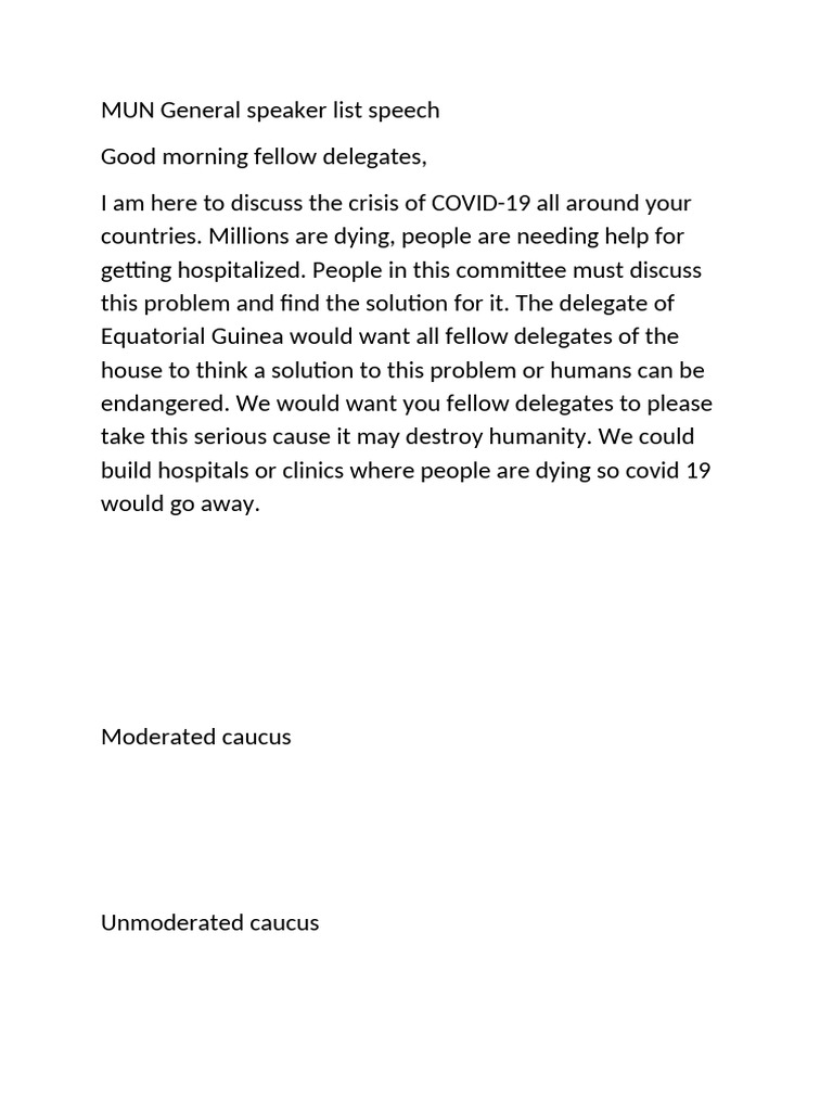 MUN General Speaker List Speech | PDF