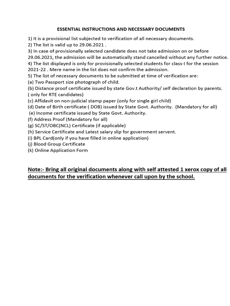 Essential Instructions and Necessary Documents | PDF