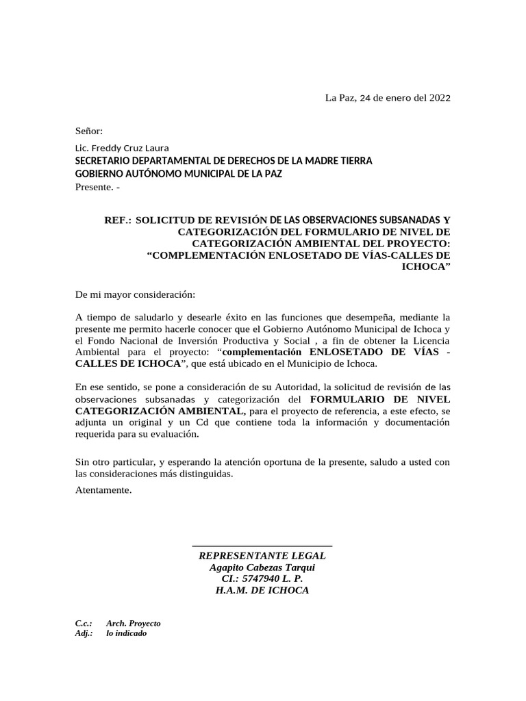 Carta de Solicitud Ichoca Obs | PDF