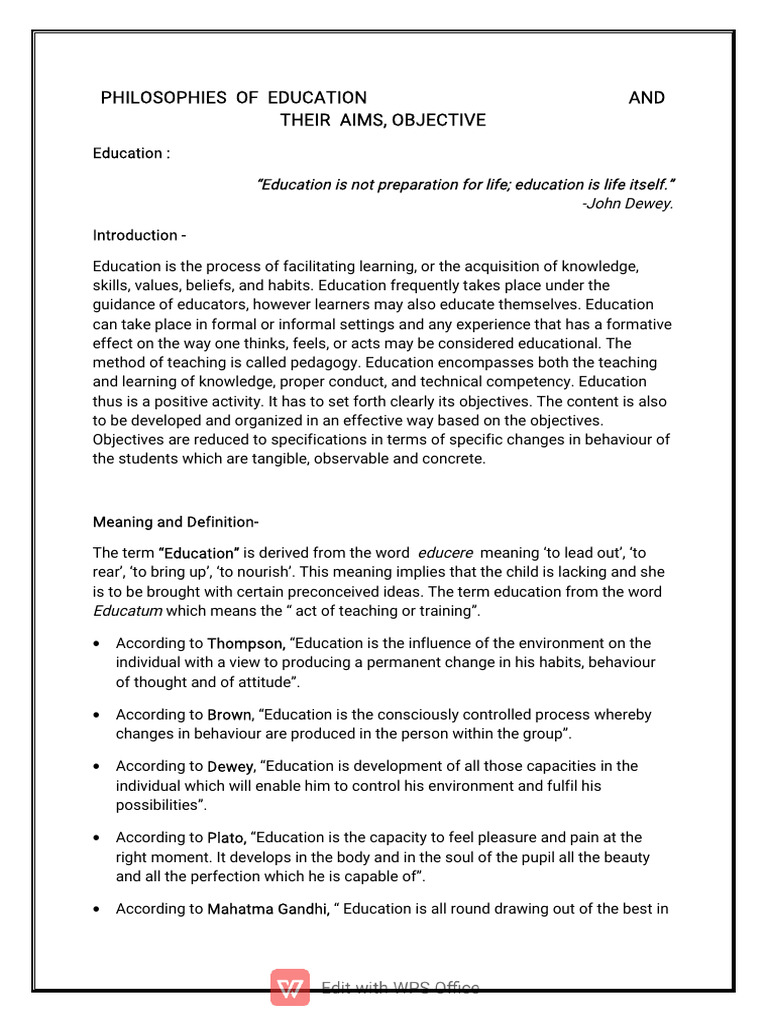 Philosophy of Education and Their Aims, Objective | PDF