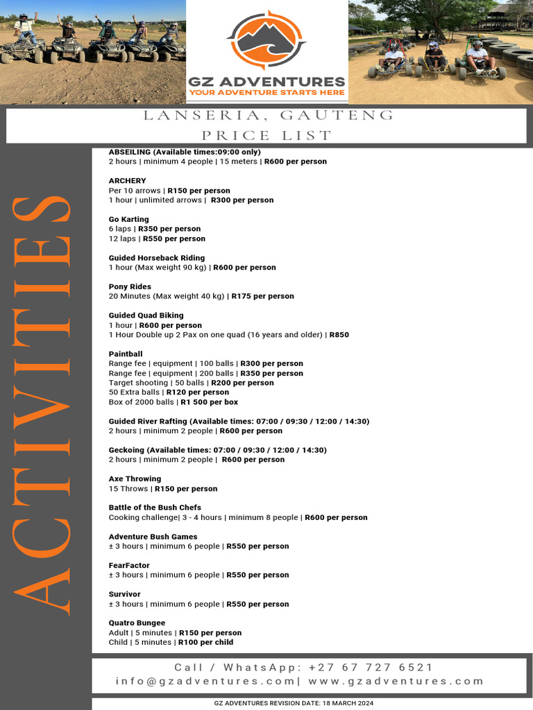 GZ Adventures Lanseria Price List | PDF | Barbecue | Cuisine
