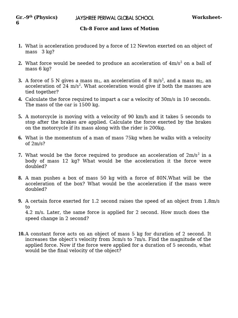 Work Sheet - 6 - (CH 9 - Force and Laws of Motion - 9 Cbse) | PDF