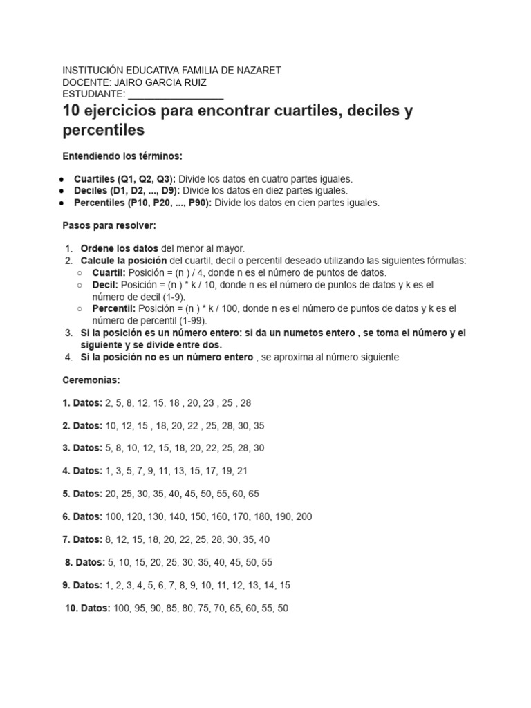 10 Ejercicios para Hallar - Q1, Q2, Q3, D5, D8, P50, P70 | PDF