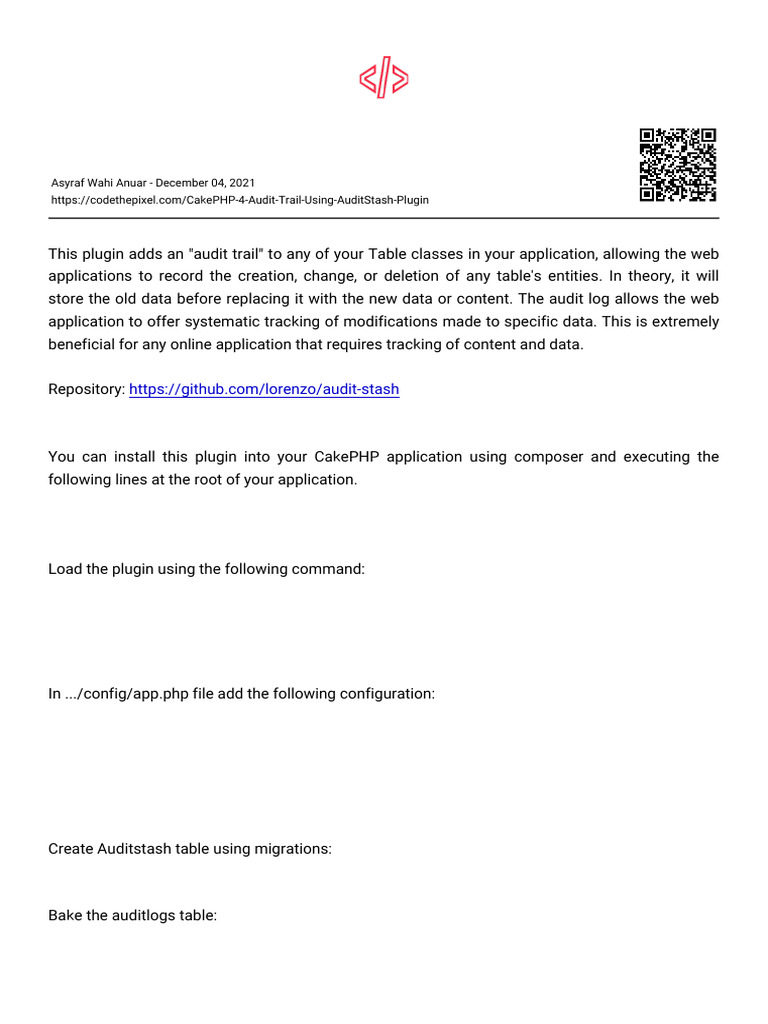 CakePHP 4 Audit Trail Using AuditStash Plugin | PDF